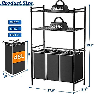 Raybee Laundry Sorter 3 Section Laundry Hamper Sorter with Adjustable Storage Shelf 145L Laundry Basket Organizer with Removable Bag 3 Compartment Laundry Hampers for Laundry Room Organization Baskets