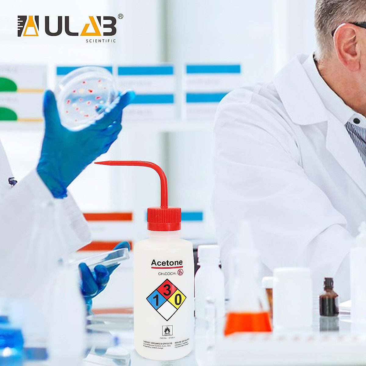 ULAB Scientific Right-to-Know Safety Wash Bottle Set, Acetone, Ethyl Alcohol, Methanol, Isopropanol, Distilled Water, Sodium Hypochloride, Vol.500ml with Draw Tube, UWB1001