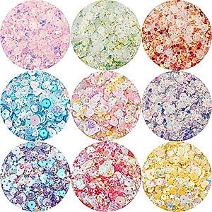 Decoendiy 6 Pack Mixed Shaped Glitter Flakes, Chunky Sparkle Sewing Glitter, Heart Star Seashell Shiny Slices with Hole, for Sewing Embellishment Accessories DIY Crafts Arts (Purple)