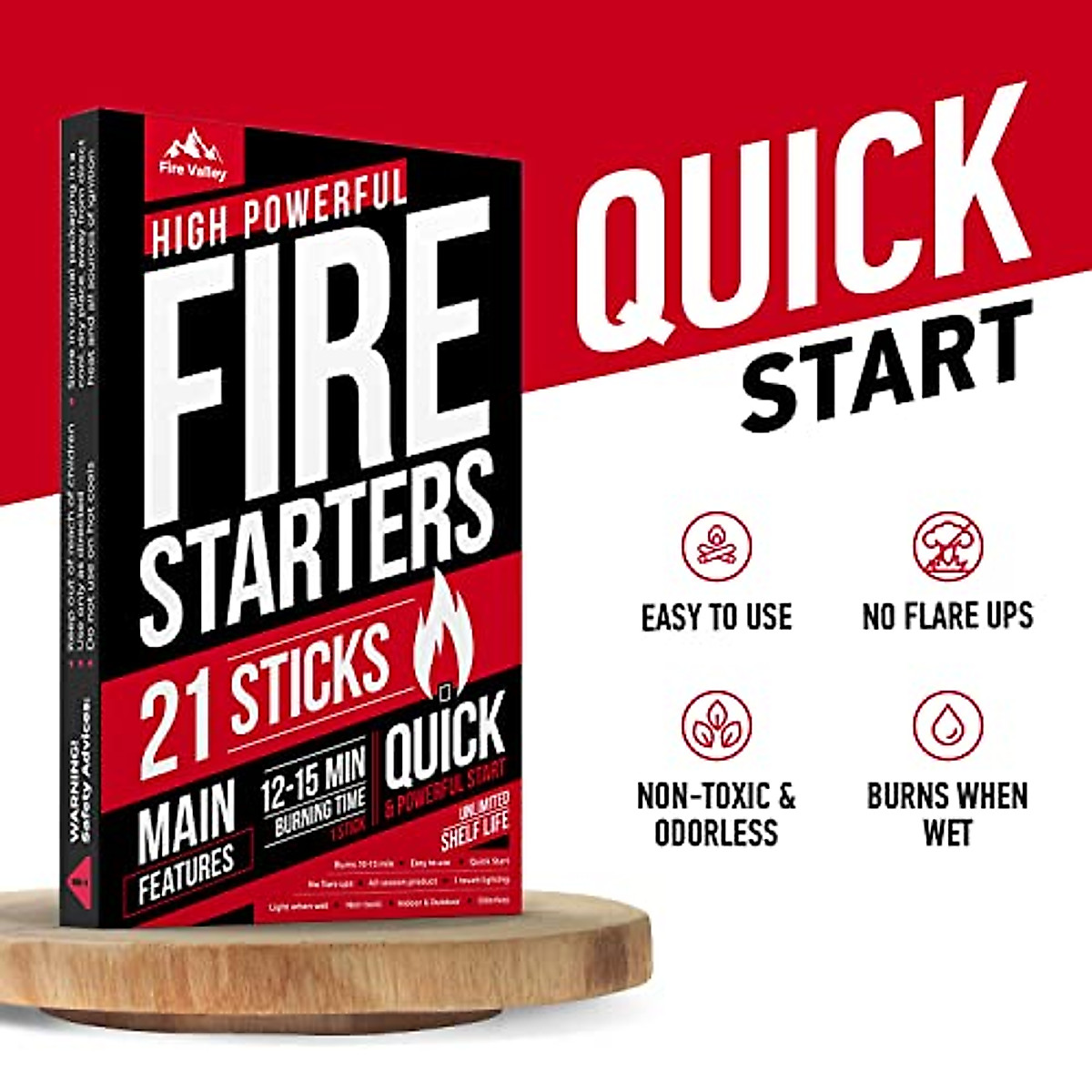 Fire Valley Wooden Firestarter Sticks - Pack of 21 Fire Starter Squares for Indoor Fireplace, Campfires, Grill & BBQ, Outdoor Firepit, Wood Stoves (Natural Pine Wood)