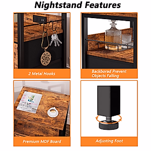 Furologee End Table with Charging Station, Nightstand with Fabric Drawers, Side Table with USB Ports & Outlets, Night Stand with Storage Shelf & Hooks, for Living Room/Bedroom, Rustic Brown