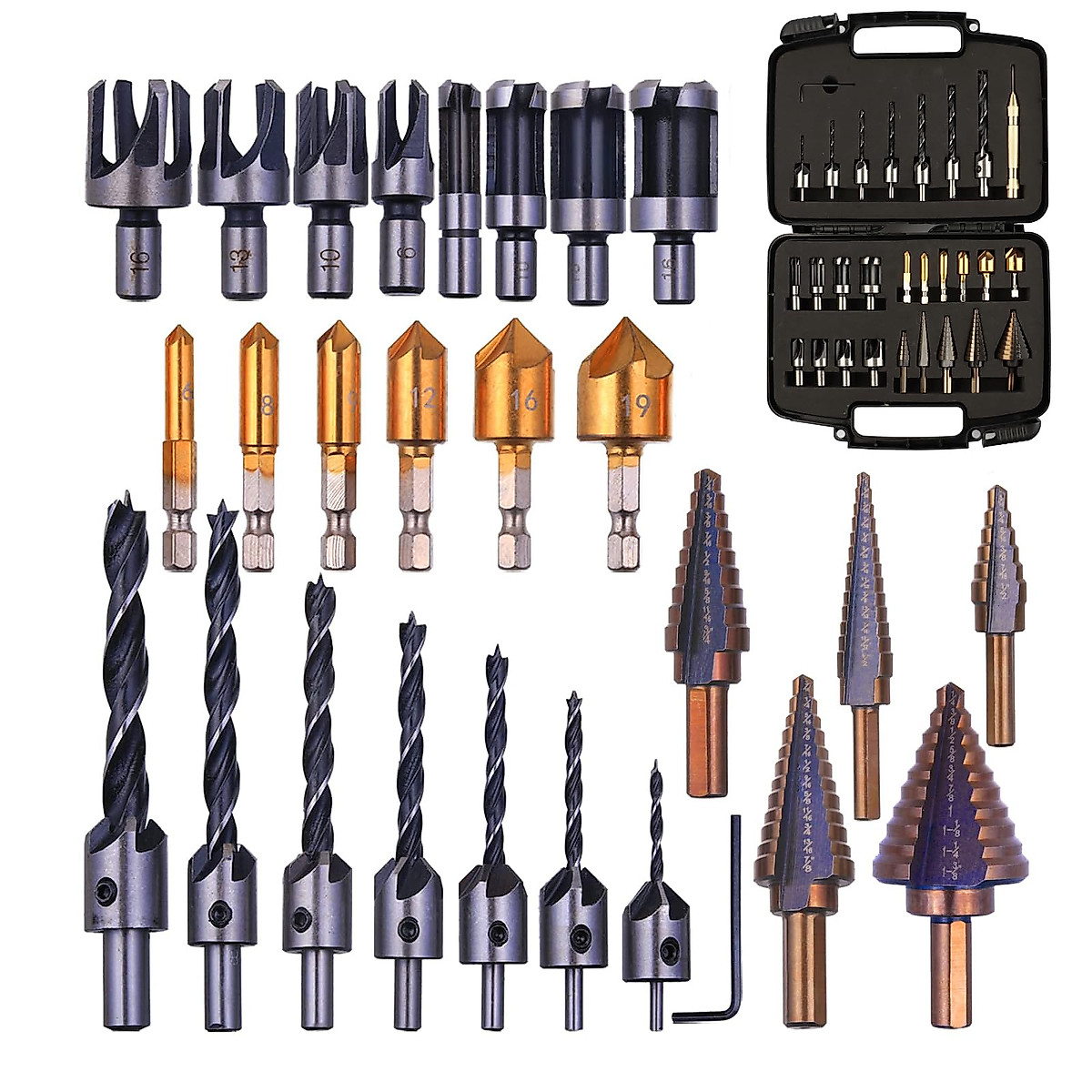 28 Pack Woodworking Chamfer Drilling Tools with a Case, Rocaris Including 6 Countersink, 5 Metric Step Drill Bit, 7 Counter Sinker Drill Bit Set with L-Wrench, 8 Wood Plug Cutter