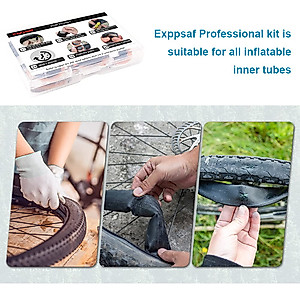 Exppsaf Bike Inner Tire Patch Repair Kit - with 15 PCS Vulcanizing Patches, 6 PCS Pre Glued Patchs, Portable Storage Box, Metal Rasp and Lever - Also for MTB BMX Road Mountain Bicycle Travel