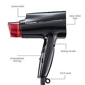 Panasonic nanoe Compact Hair Dryer for Healthy-Looking Hair, 1400W Portable Hair Dryer with Folding Handling and QuickDry Nozzle for Fast Drying – EH-NA27-K (Black/Pink)