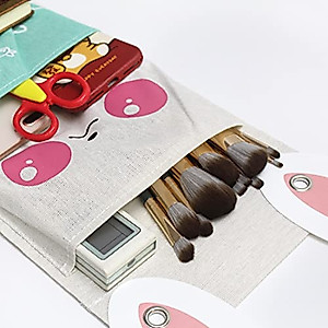 KINGREE 2PCS Wall Closet Hanging Storage Bag with Hooks Premium Linen Fabric Over The Door Organizer, Hanging Storage Pouches with 3 Pockets and 7 Pockets for Bedroom Bathroom (Rabbit)