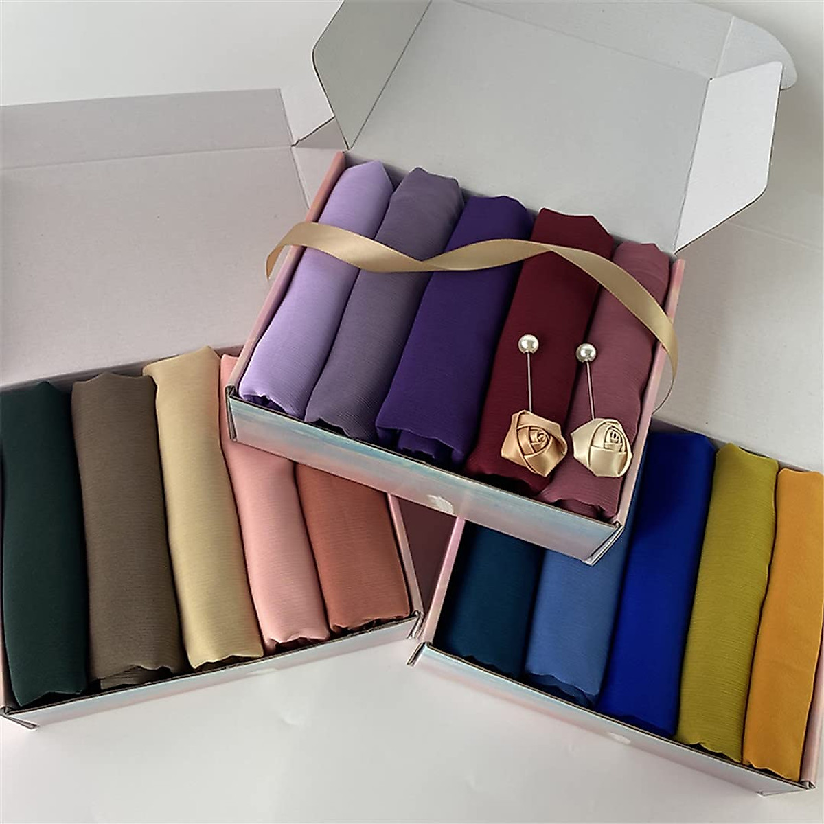 Hcclijo 5Pcs/Box Muslim Plain Crepe Hijab Heavy Chiffon Scarf Soft Shawls Crinkle Wraps Band Customize Box Foulard 23020175CX6
