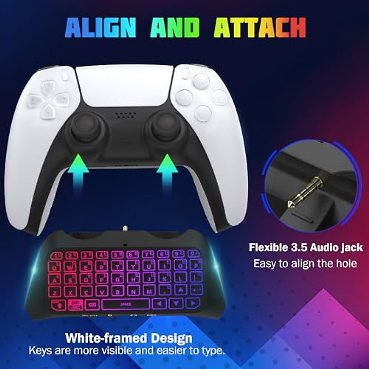TiMOVO Multi-Color RGB Backlight Keyboard for PS5 Controller, Wireless Bluetooth Keypad Chatpad for PlayStation 5 Controller, Mini PS5 Game Keyboard Built-in Speaker with 3.5mm Audio Jack, Black