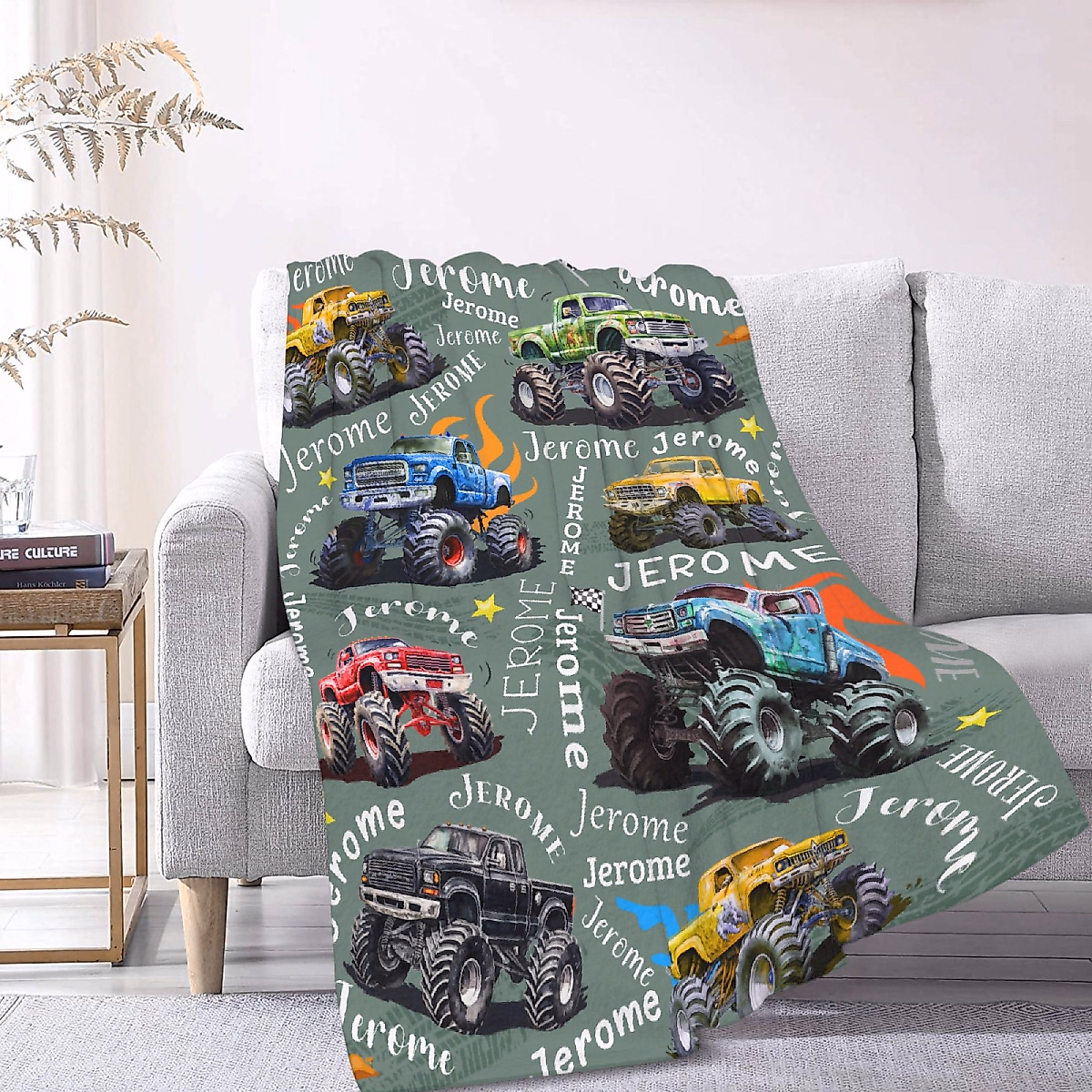 Personalized Trucks Mon-Ster Car Blanket Gifts Custom Name Blanket, Super Soft Flannel Fleece Throw Blanket for Boys Girls Couch Chair Bed Sofa Christmas Thanksgiving Gifts Teen or Nap Size 50"x60" M