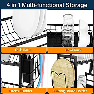 Flexzion 2 Tier Dish Drying Rack Drainboard Set, Kitchen Drying Rack Dish Drainer with Utensil Holder, Cup Hanger, Tray Plate Rack for Kitchen Countertop, Organizer, Storage Accessories, Black