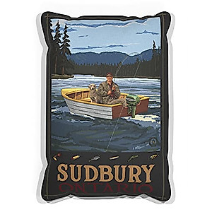 Sudbury Ontario Fisherman In Boat Hills Canvas Throw Pillow for Couch or Sofa at Home & Office from Travel Artwork by Artist Paul A. Lanquist 13" x 19".
