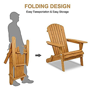 VINGLI Wooden Adirondack Chair 350 LBs Support Ergonomic Design, Folding Outdoor Patio Fire Pit Lounge Armchair Furniture w/Natural Finish, for Beach, Poolside, Balcony