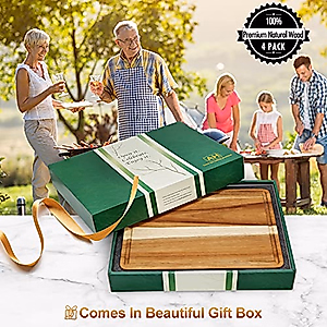 AZRHOM Large Wood Cutting Boards Set of 4 for Kitchen Cheese Charcuterie Board (Gift Box Included) Acacia Butcher Block with Non-slip Mats, Juice Groove and Handles (16x12, 14x10, double 11x8 inch)