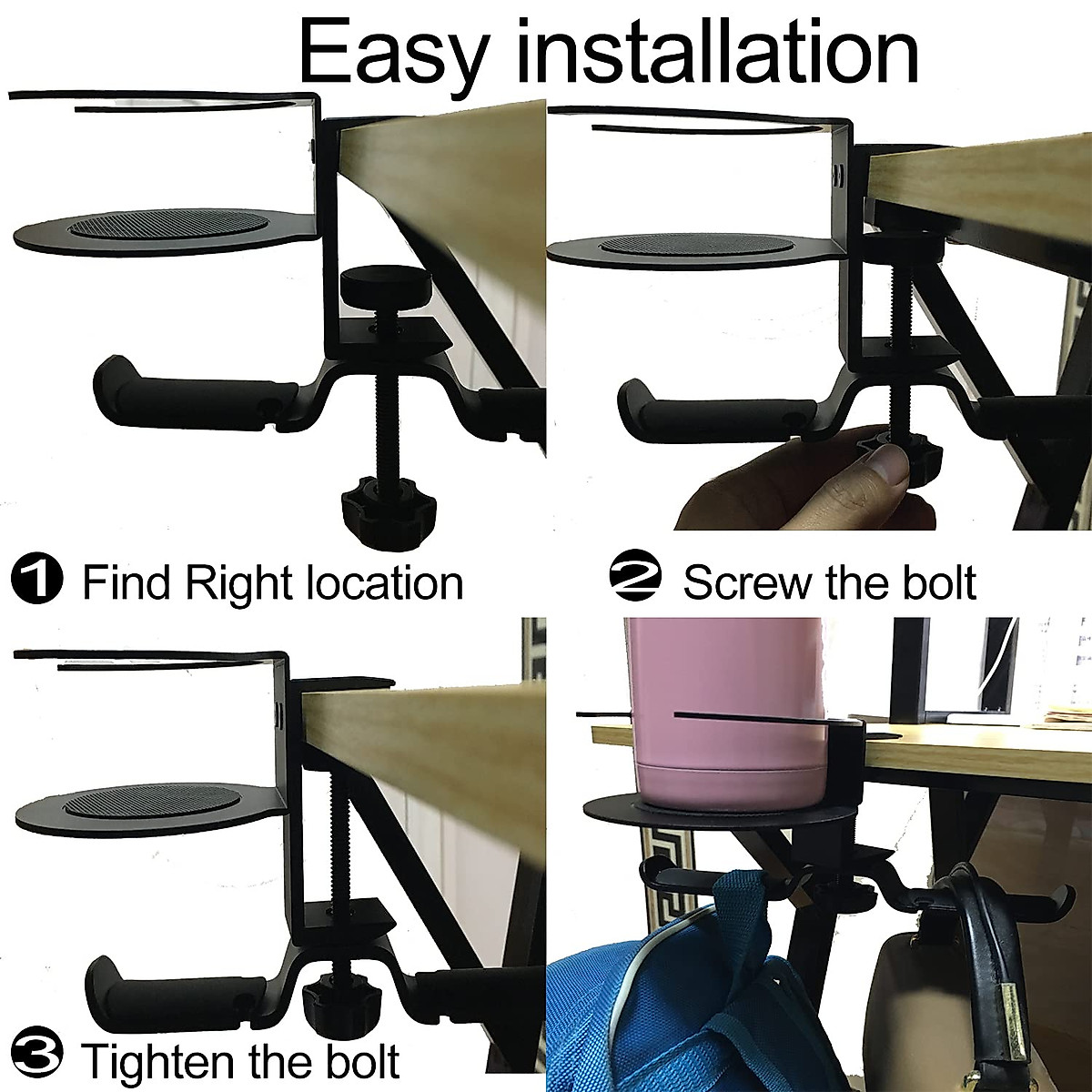 Headphone Stand with Cup Holder/2 Hidden Headset Hooks for All Headsets, 360° Adjustable & Rotating Desk Organizers for Bag/Cup/Coat/Headphone/Canned Beer/Umbrella/Data Cable/Drinks/Gloves -ZELPEAK