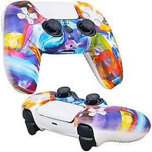 YoRHa Water Transfer Printing Silicone Thickened Cover Skin Case for PS5 Controller x 1(Colorful Stream) with Thumb Grips x 10