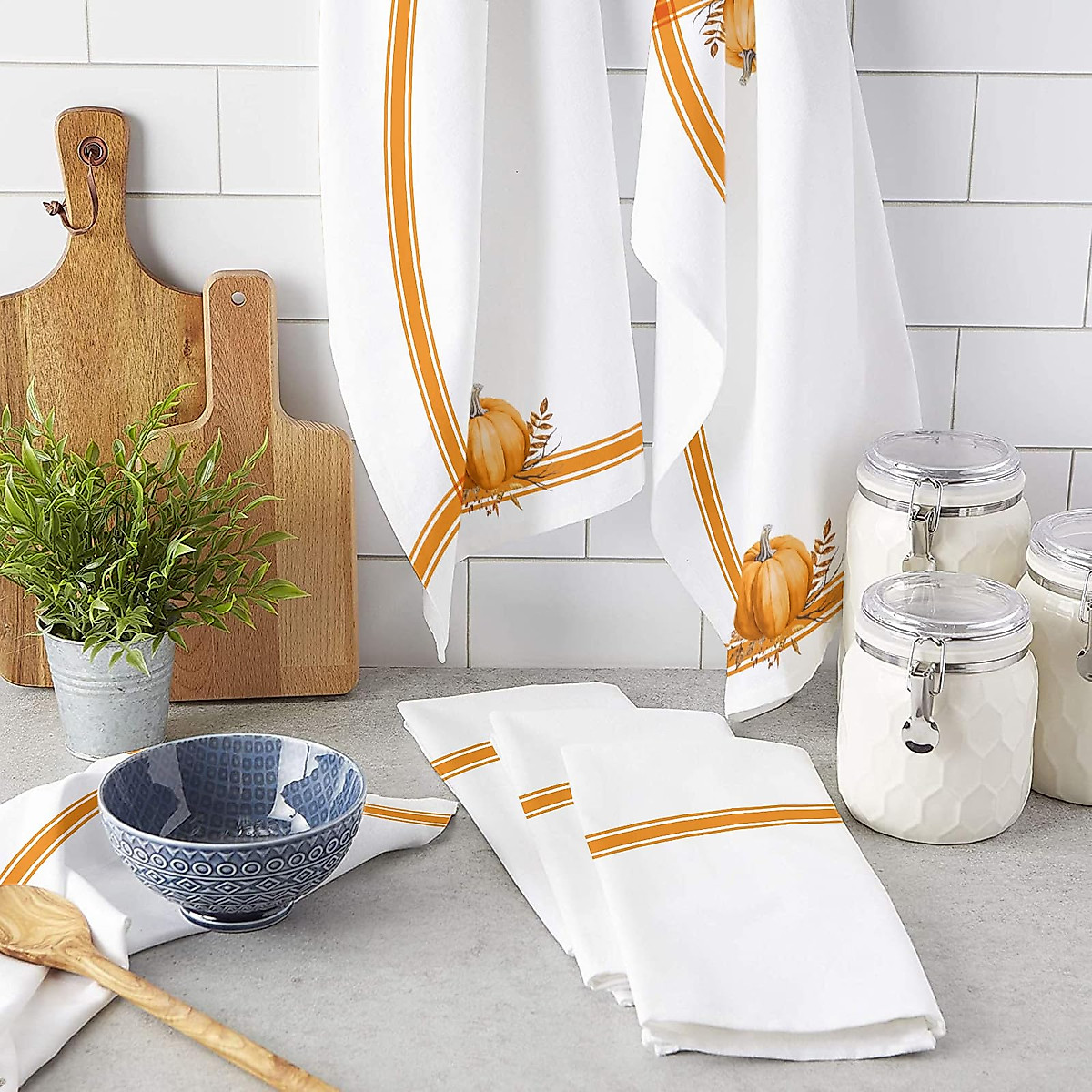 ZOE GARDEN Thanksgiving Pumpkin Kitchen Towels,Absorbent Microfiber Kitchen Dish Hand Tea Bath Towel,Quick Dry Cleaning Cloth Dishclothes Decorative Sets, Fall Eucalyptus Stripes (2-PC, 18x28)