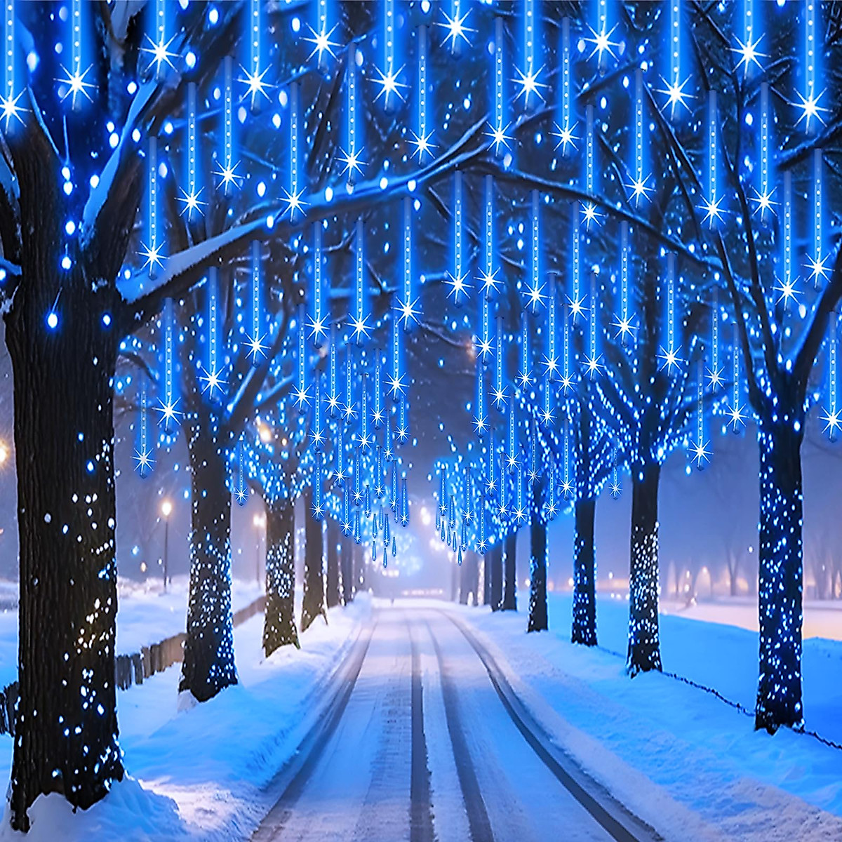 Adecorty Outdoor Christmas Lights Meteor Shower Lights UL Certified 8 Tubes 192 LED Snow Falling Rain Drop Lights Dripping Icicle String Lights for Christmas Tree Decorations Xmas Wedding Party, Blue