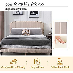 Queen Size Linen Upholstered Platform Bed Frame with Soft Curved Headboard and Wooden Slats Support, No Box Spring Needed for Boys Girls Teens Adults, Noise-Free, Under Bed Storage (Beige)