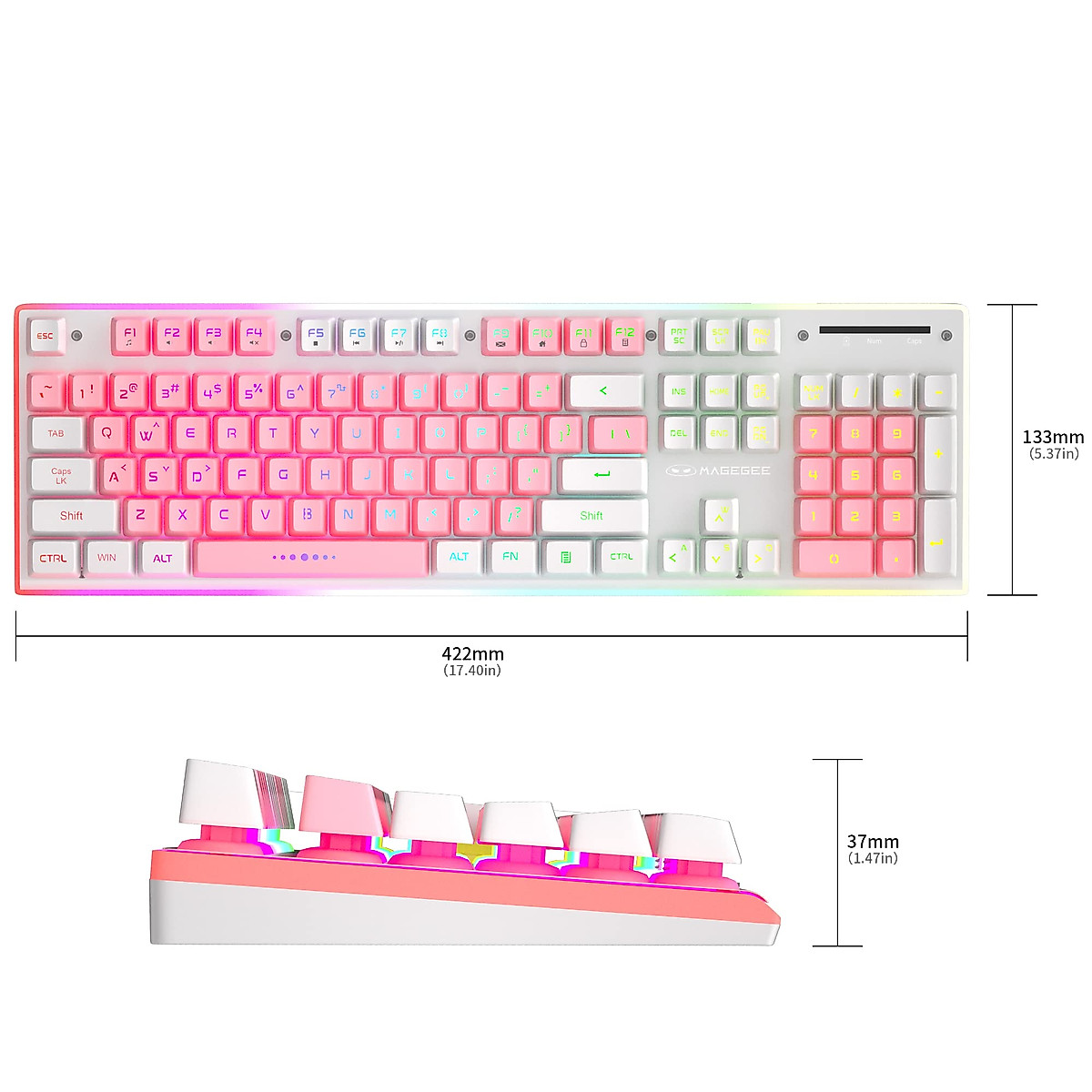 MageGee Wireless Gaming Keyboard, Rechargeable RGB LED Backlit Quiet Keyboard with Sidelight & Metal Panel, V510 2.4G Wireless Ergonomic Waterproof Office Keyboard, White and Pink