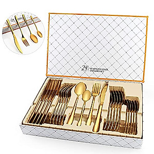 Gold Silverware Set，24-Piece Stainless Steel Flatware Service for 6, Mirror Finish Cutlery Set with Gift Box