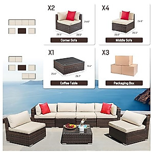 Patio Furniture Set - 7 Piece Wicker Furniture Sets - Patio Sectional Sofa All Weather Outdoor Sectional Patio Sofa - Brown PE Rattan Patio Conversation Set with Coffee Table and Beige Cushion