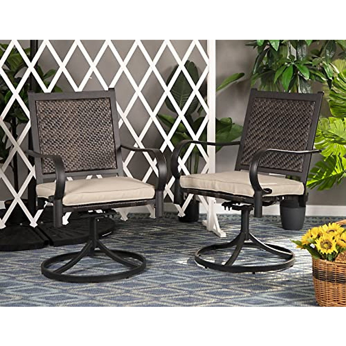 PHI VILLA Outdoor Patio Dining Set of 7, Rectangular Metal Steel Steel Slat Patio Dining Umbrella Hole Table, 6 Rattan Swivel Chairs with Cushion Furniture Set for Home Patio Porch Yard Garden Deck