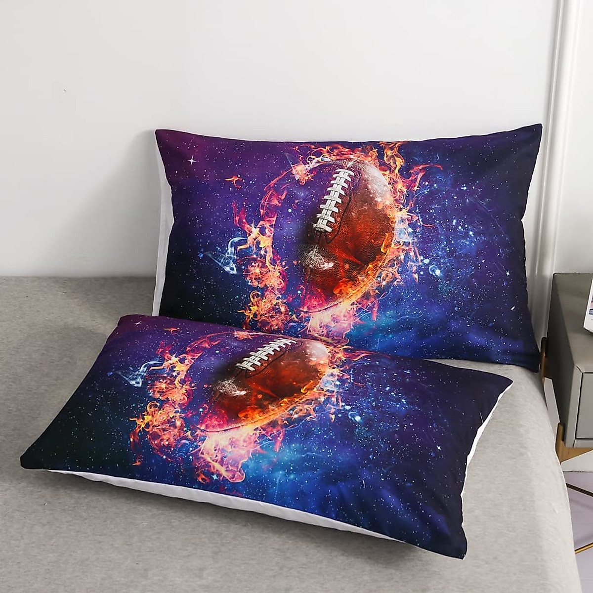Roscloud Sports Football Rugby Comforter Sets Twin Size Bed Set- 2PC Ice Flame Galaxy Football Boys Quilt Bedspread Bedding Set（Comforter x 1 Pillowcases x 1）