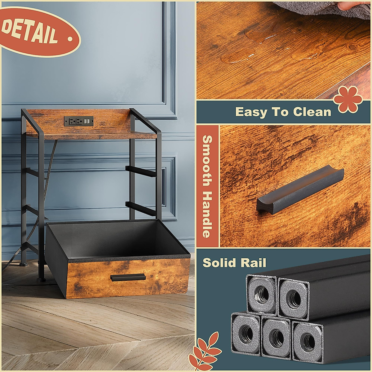 EKNKOZY Nightstand 3 Drawer Dresser with Charging Station, 11" D x 15.6" W x 21" H, Set of 2 Side Table with Fabric Drawers, Small Dresser for Kids Closet Bedroom (Rustic Brown, Set of 2 with Charger)