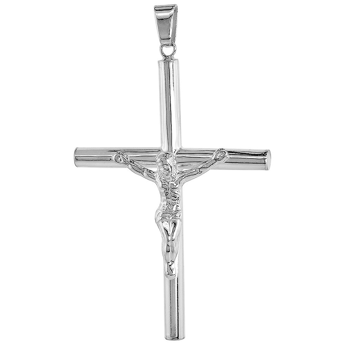 Sterling Silver Large Plain Crucifix Pendant 5mm Tubular High Polished 2 3/4 inch