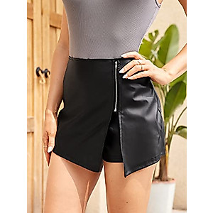 MakeMeChic Women's Faux Leather Shorts Zipper Front Split PU Leather Skorts Regular Black L
