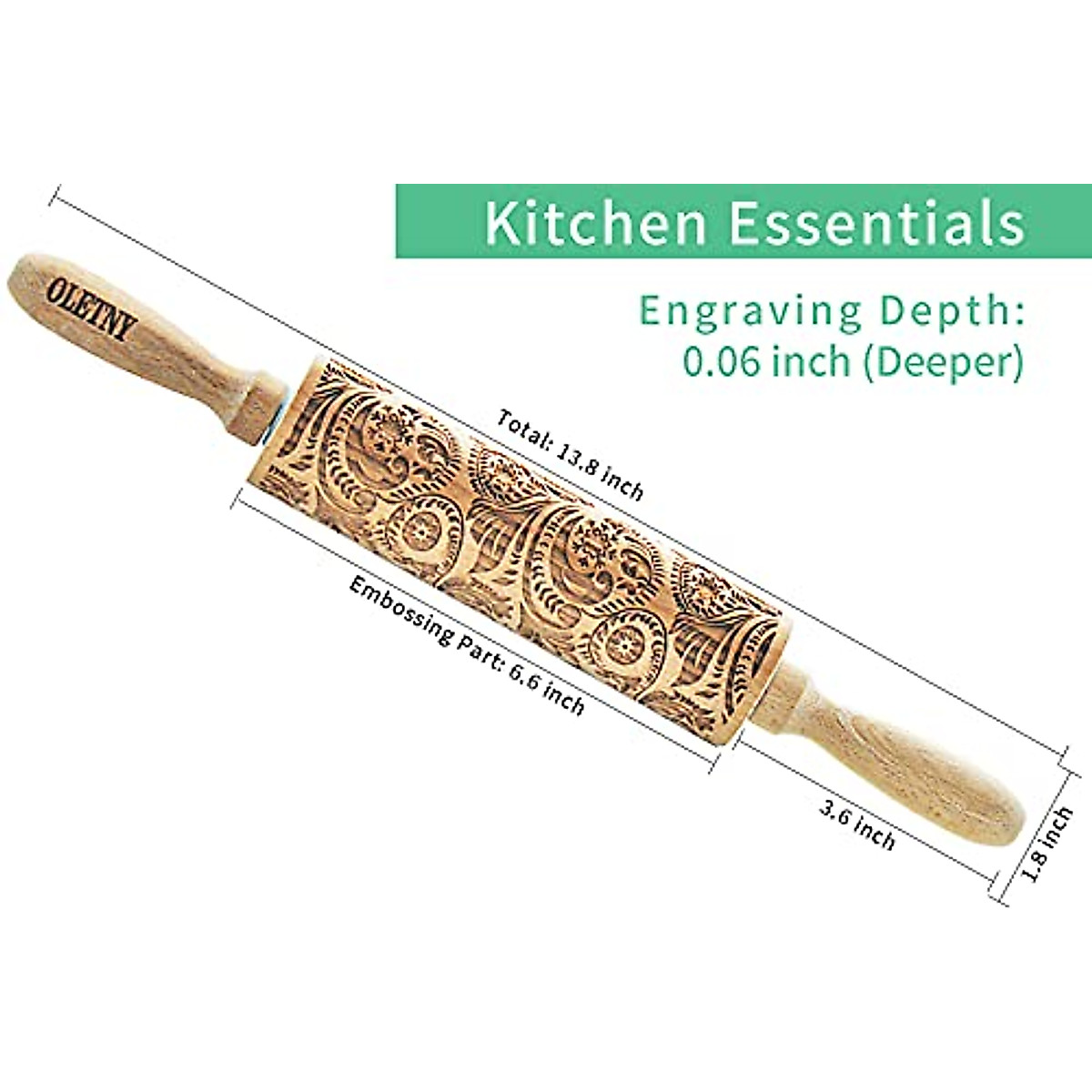 Embossed Rolling Pins for Baking, Small Wooden Roller Pin with Textured Pattern, Best Gift for Wedding, Holiday, Mother, Friends (Flower)