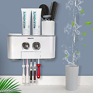 Toothbrush Holder Wall Mounted, WEKITY Multi-Functional Toothbrush and Toothpaste Dispenser for Bathroom, with 5 Toothbrush Slots, 2 Toothpaste Squeezers and 4 Cups(Grey)