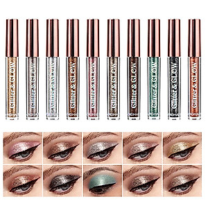 10 Colors Dazzling Glitter Liquid Eyeshadow Metallic Shiny Shimmer Long Lasting Waterproof Highly Pigmented Glow Eye Shadow Kit Sparkle Diamond Pearlescent Eye Makeup Cosmetic