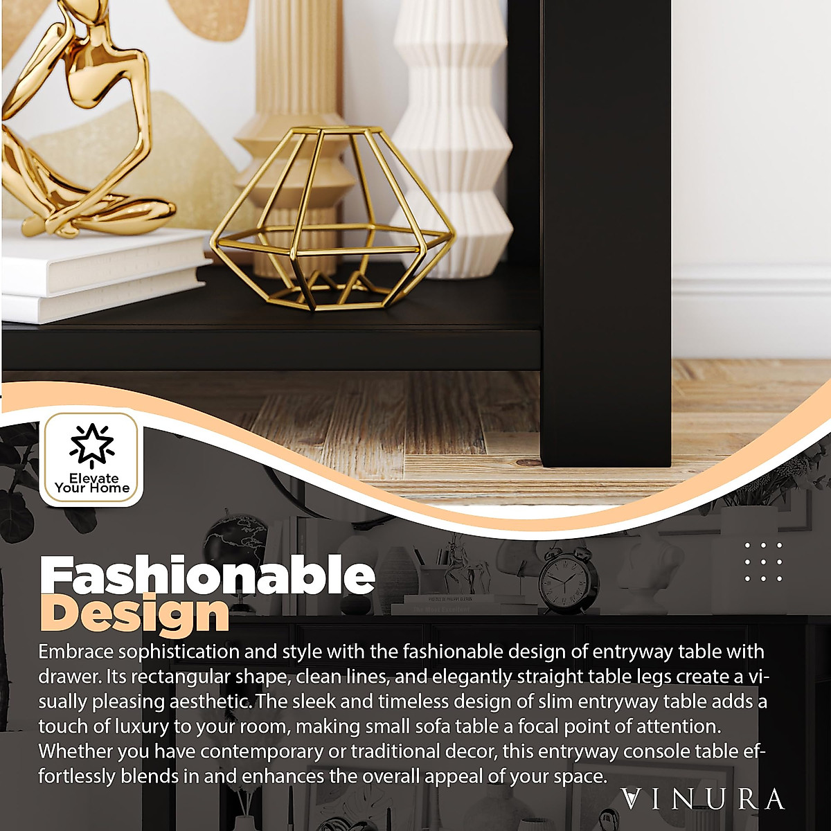 Venera Rustic Chic Console Tables for Living Room - Solid Wood Black 63 Inch Entry Way Table Home Furniture - Functional Narrow Console Table - Console Table with Drawers and Four Drawers