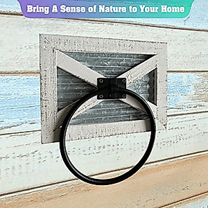 Farmhouse Bathroom Rustic Towel Ring with Galvanized Metal& Black Metal - Rustic Weathered White Wood Wall Mount Hand Towel Holder for Country Bathroom Decor