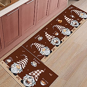Coffee Gnomes Kitchen Mat Set 2 Piece Kitchen Rugs, Farmhouse Brown Coffee Beans Soft Non-Slip Rubber Backing Floor Mats Doormat Bathroom Runner Area Rug Carpet, 19.7x31.5in + 19.7x47.2in