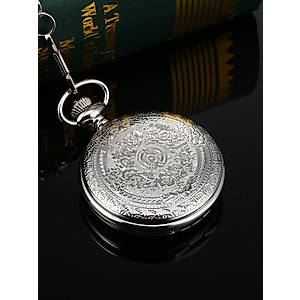 Hicarer Quartz Pocket Watch for Men with Black Dial and Chain Vintage Roman Numerals Christmas Gifts Birthday (Silver)