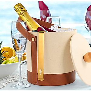 Sophinique Ice Bucket 3 Quart, Double Walled Ice Bucket with Tong, Insulated Faux Leather Ice Bucket, Natural Canvas Home Decorative Ice Bucket, Best for Home, Guest Rooms and Bar