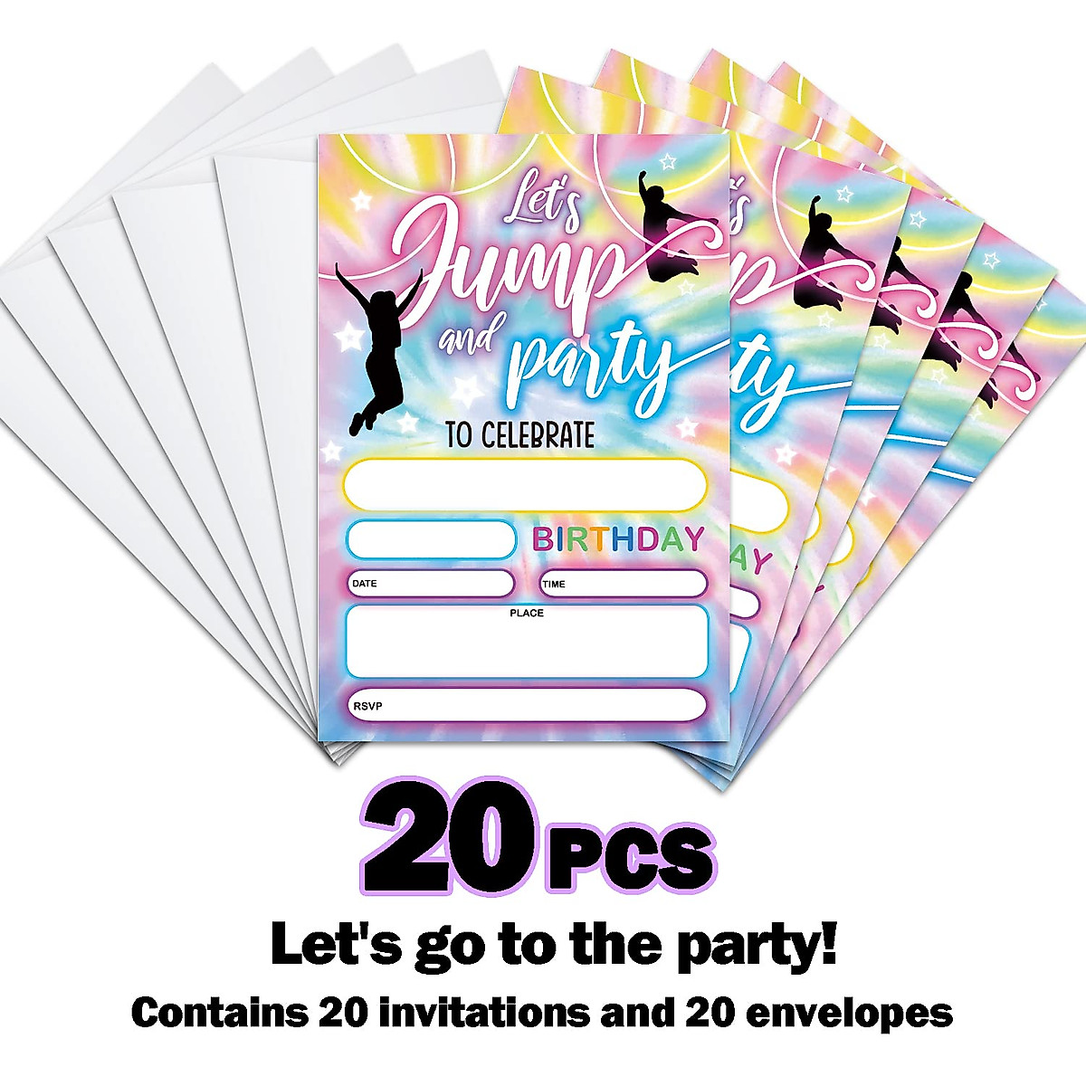 Jump Trampoline Party Birthday Invitations, Bounce House Party Invitations for Boys Girls Kids, Jumping Party Invitations, Jump Party Invites (20 Sets 4" x 6" Cards with Envelopes) - JY565