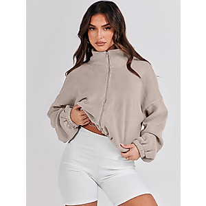 ANRABESS Women's Sweatshirts Full Zip Up Bomber Jacket Oversized Fleece Crop Sherpa Coat Long Sleeve High Neck Teddy Winter Pullover Active Sport Tops Outwear 1097 - XL, Khaki