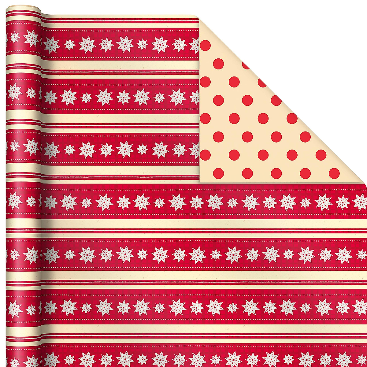 Hallmark Reversible Christmas Wrapping Paper (3 Rolls: 120 sq. ft. ttl) "Merry Holidays," Snowflakes, Snowmen, Red Stripes