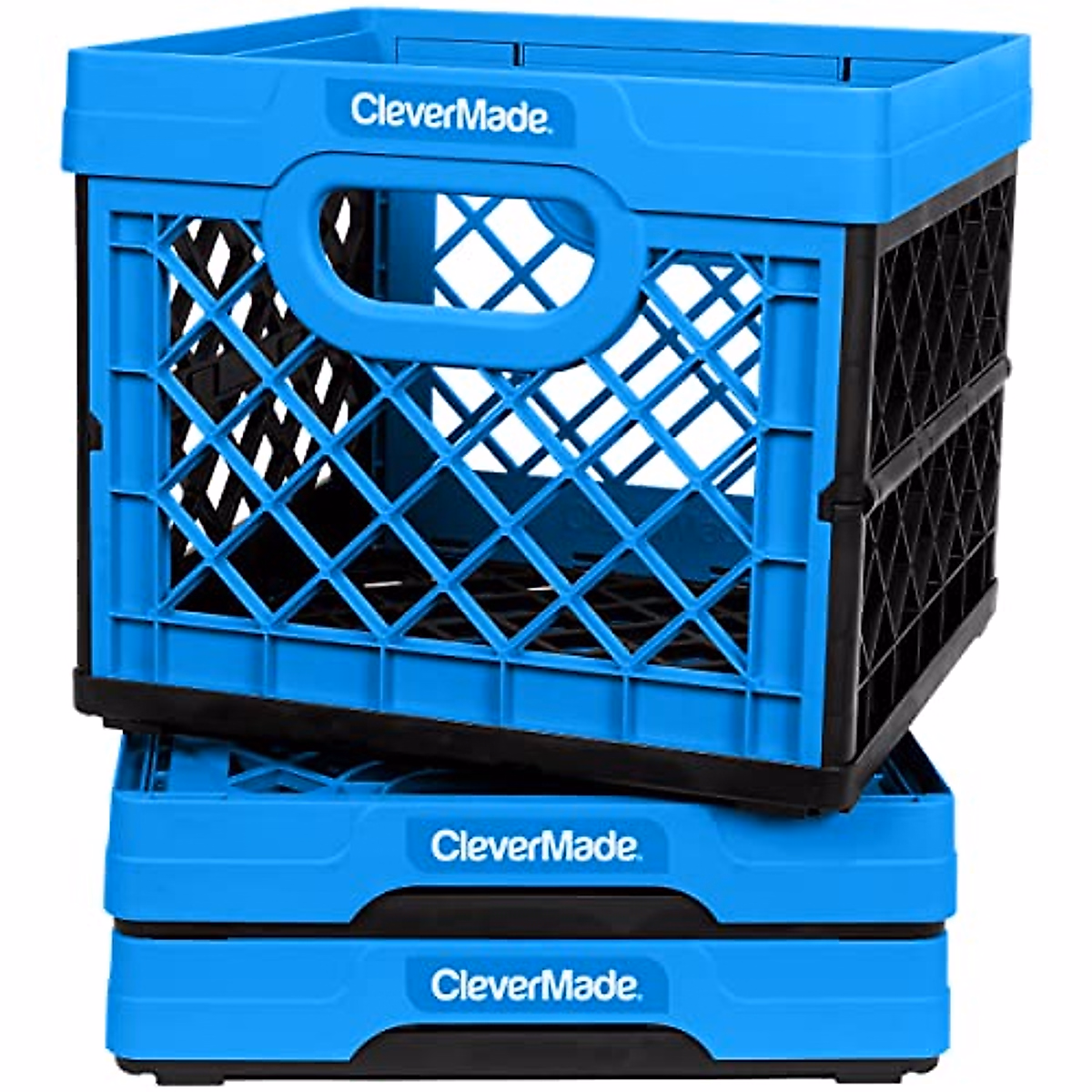 CleverMade 45L Collapsible Storage Bins, Black, 3 Pack & Milk Crates, 25L Plastic Stackable Storage Bins CleverCrates Utility Folding Baskets, Pack of 3, Blue