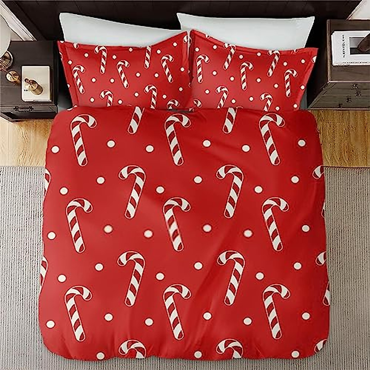Duvet Cover Twin Size, Christmas Red Cream Polka Bedding Set with Zipper Closure for Kids and Adults, Dot Xmas Candy Comforter Cover with Pillow Sham for Bedroom Bed Decor