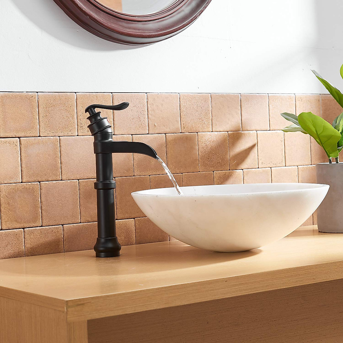 Matte Black Vessel Sink Faucet Waterfall with Pop Up Drain Assembly and Single-Handle Hole Supply Hose Lead-Free Vanity Lavatory Bathroom Faucet Mixer Tap