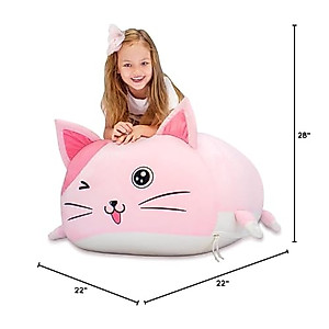 Anzitinlan Cute Cat Bean Bag Chair for Kids, Pink Stuffed Animal Storage Beanbag Chairs for Girls Room Decor, Extra Large Size, Velvet Super Soft Cover Only