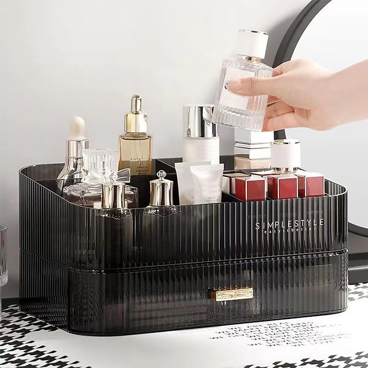 MIUOPUR Makeup Organizer with Stackable Drawers, Bathroom Vanity Organizers and Storage, Ideal for Desk and Dresser Countertops, Great for Cosmetics, skincare, Lipsticks, Nail Care -Black