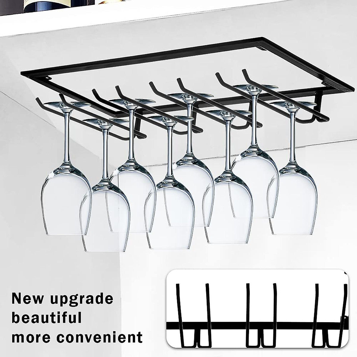 Wine Glasses Rack Under Cabinet Stemware Rack, Wire Wine Glass Holder Storage Hanger for Cabinet Kitchen Bar, 4 Rows Black Metal Wine Glasses Hanger