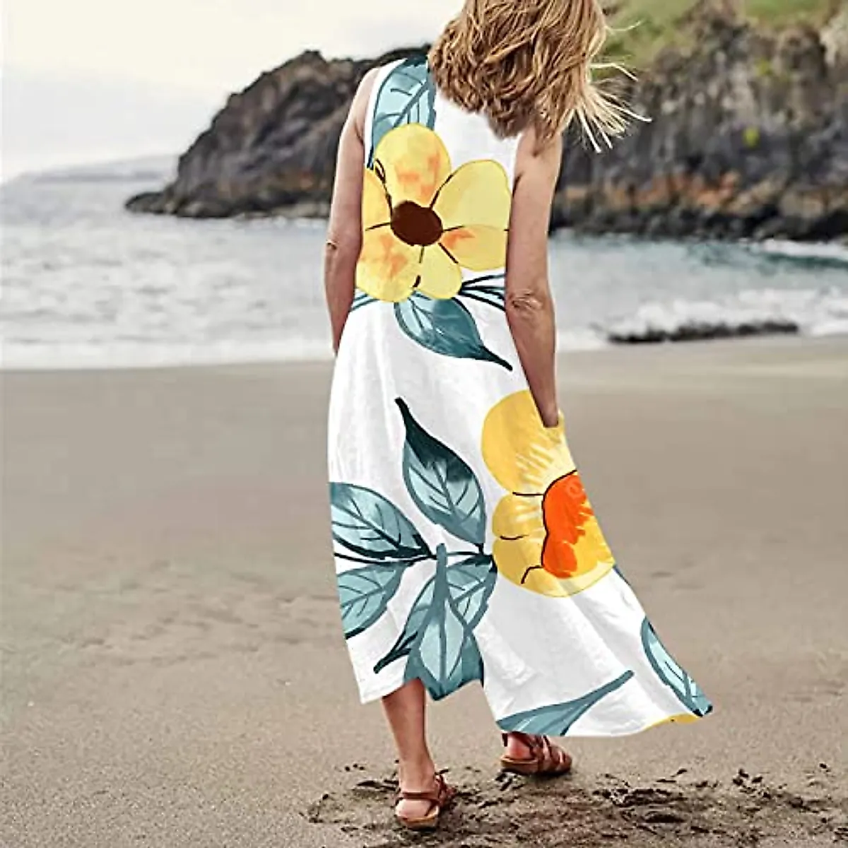 Sundresses for Women with Pockets Sleeveless O-Neck Dresses Floral Print Fashion Club Mixi Sundress Yellow Medium