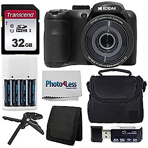 Kodak PIXPRO AZ255 Digital Camera Kit (Black) + Point & Shoot Camera Case + 32GB SD Memory Card + Rechargeable Batteries & Charger + USB Card Reader + Table Tripod + Accessories
