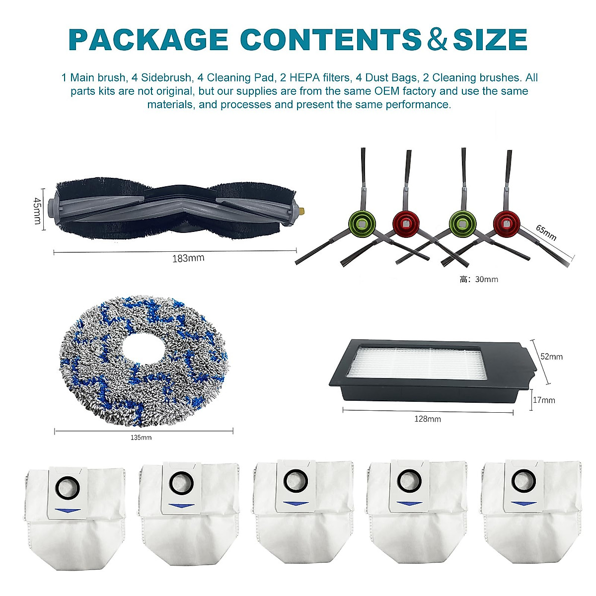 16Pack Replacement Parts Compatible with ECOVACS DEEBOTX1 Omni / X1TURBO / X1 Plus /T10 Omni Robotic Vacuum Cleaner Accessories, 1 Roller Brush 2 HEPA Filters 5 Dust Bags 4 Side Brushes 4 Mop Pads