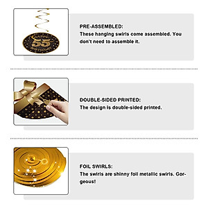 Happy 55th Birthday Party Hanging Swirls Streams Ceiling Decorations, Celebration 55 Foil Hanging Swirls with Cutouts for 55 Years Old Black and Gold Birthday Party Decorations Supplies